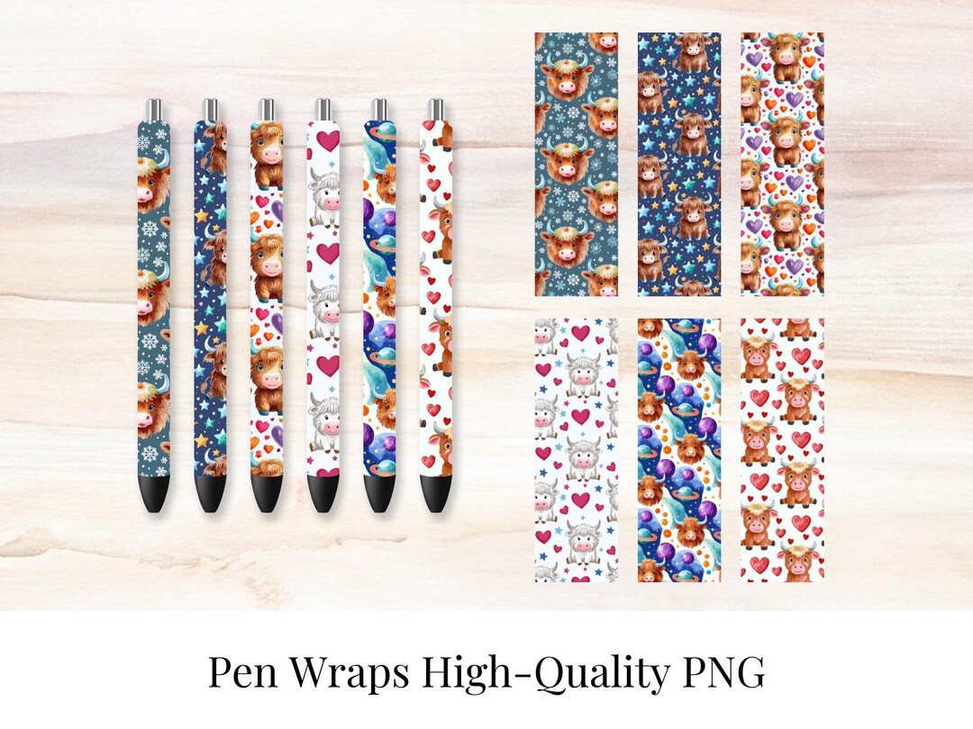 6 Cute Highland Cow Pen Wrap PNG Bundle Baby Cow Pen Sublimation Pack ...