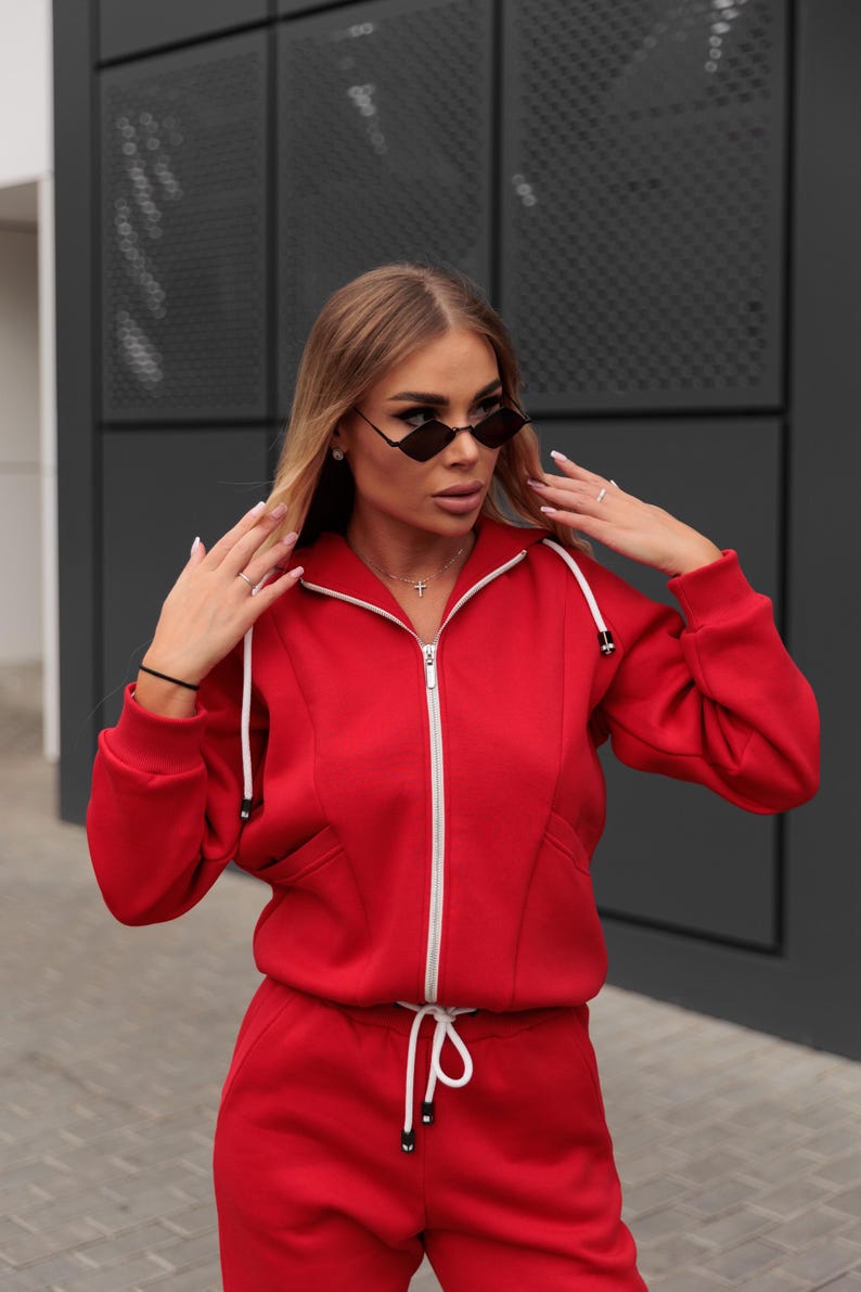 Women Handmade Two Piece Set, Red Tracksuit,fall Sweatshirt. Loungewear ...