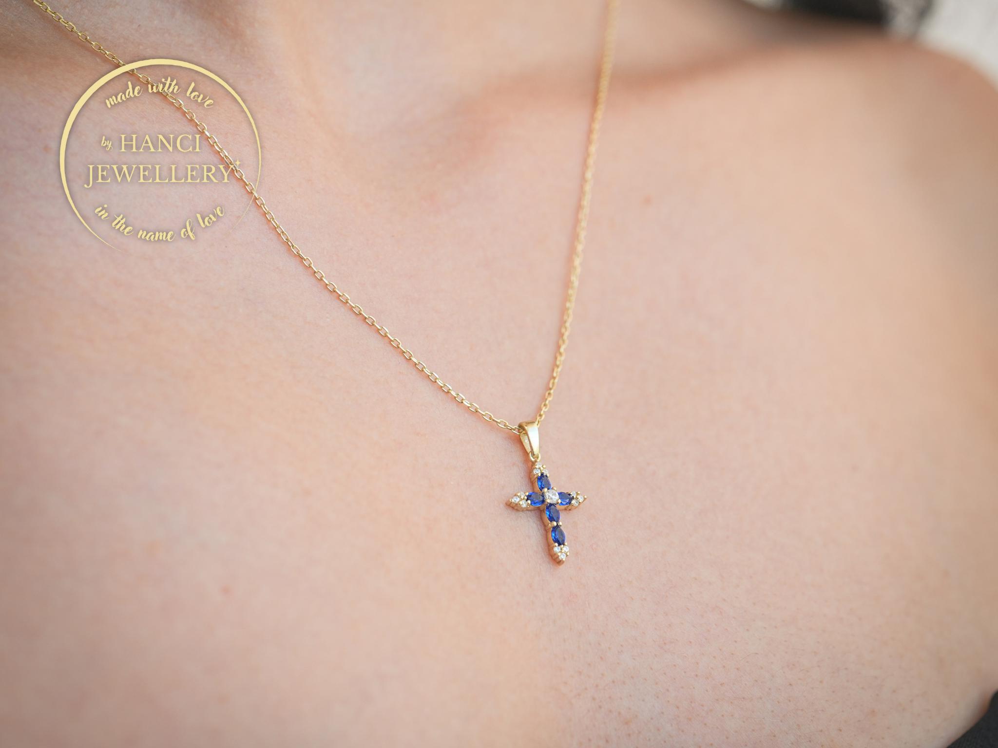 14K Solid Gold Sapphire Cross Necklace - Etsy