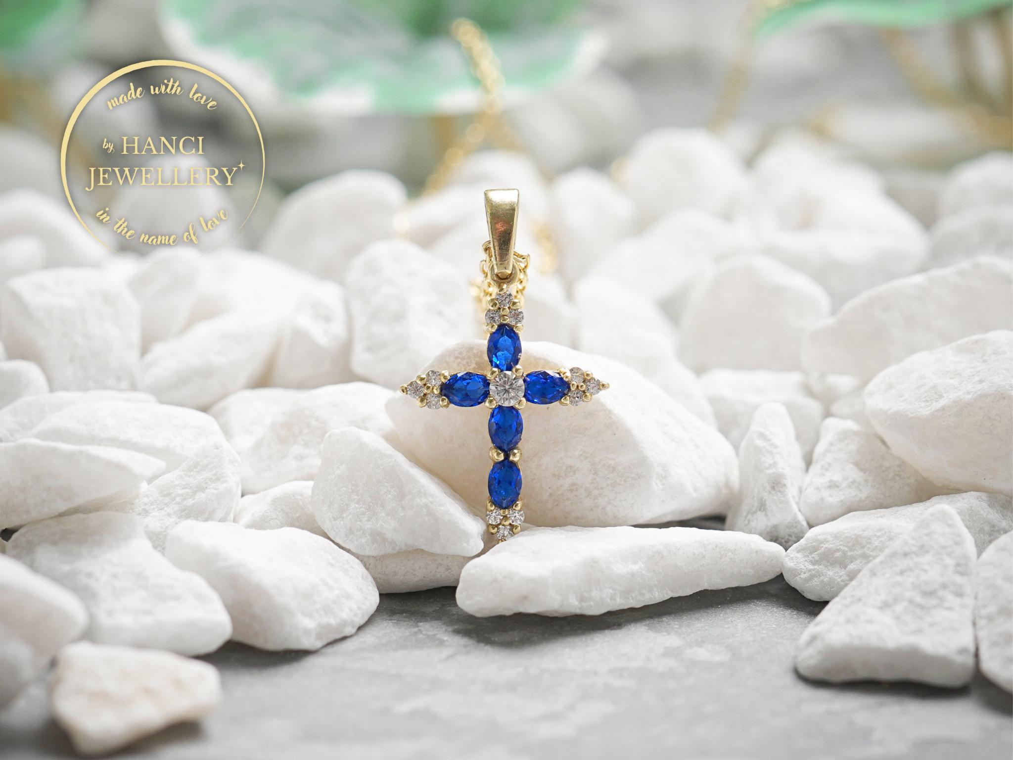 14K Solid Gold Sapphire Cross Necklace - Etsy