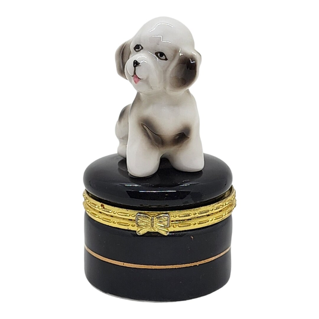 Vintage Round Hinged Dog Trinket Box Porcelain With Gold Gilt Beagle ...