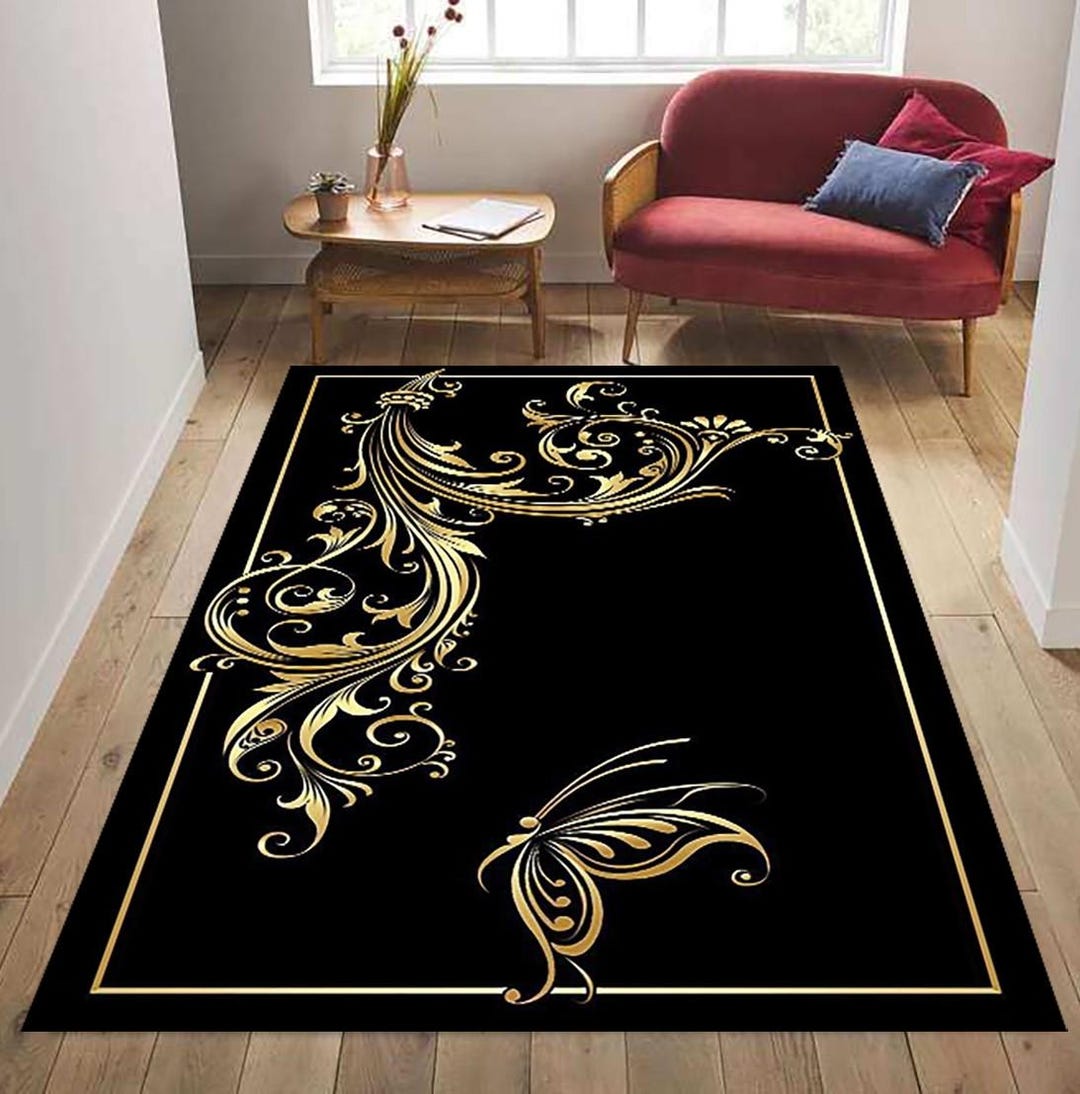 Abstract Rug, Black Rug, Modern Geometric Rug, Living Room Rug, Area ...
