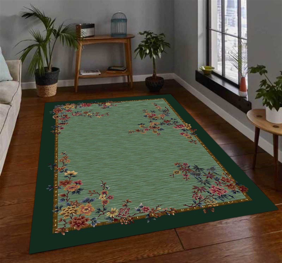 Green Rug, Floral Rug, Area Rug, Rug With Flower Edges, Floral ...