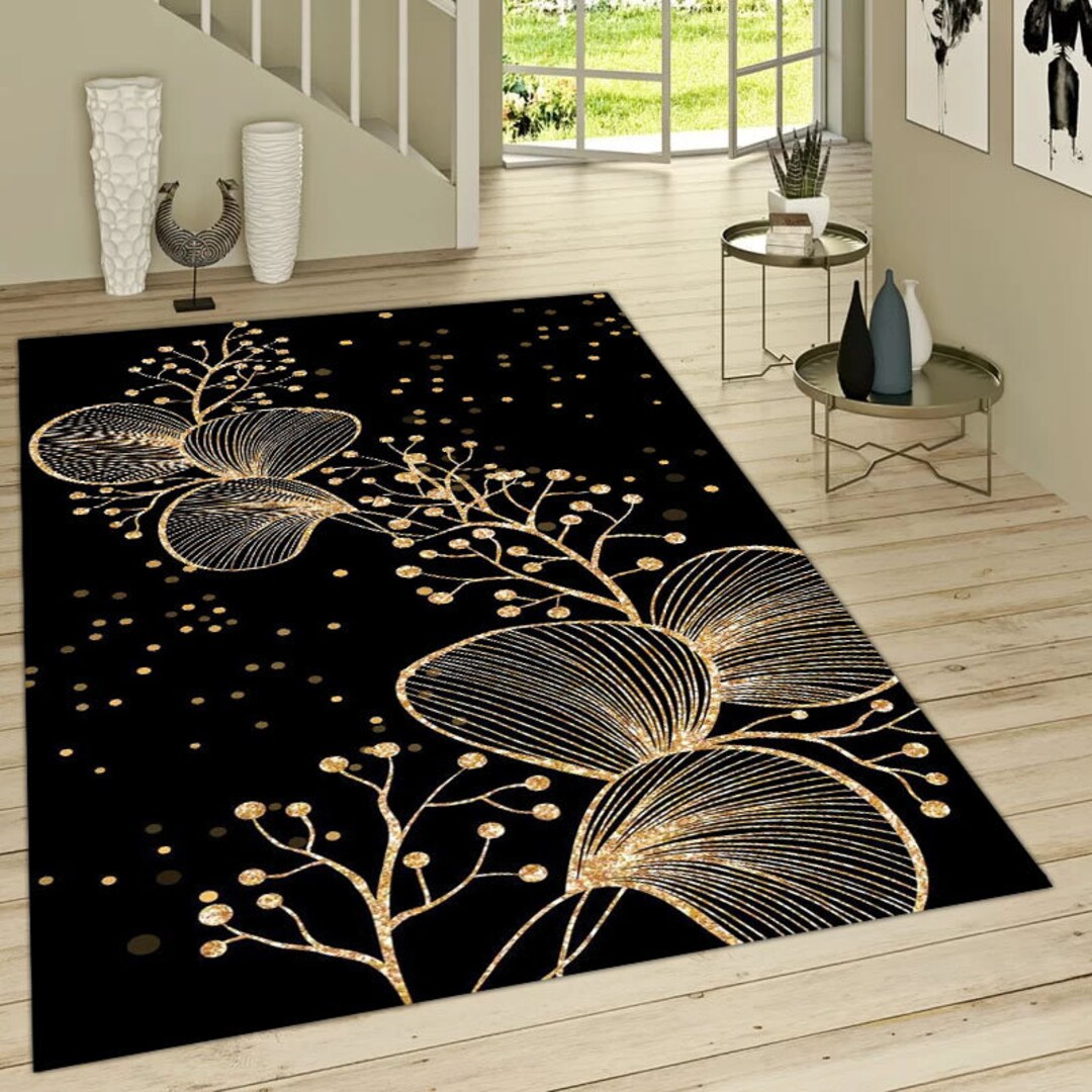 Black Rugs for Living Room , Black and Gold Floral Pattern Rug,machine ...
