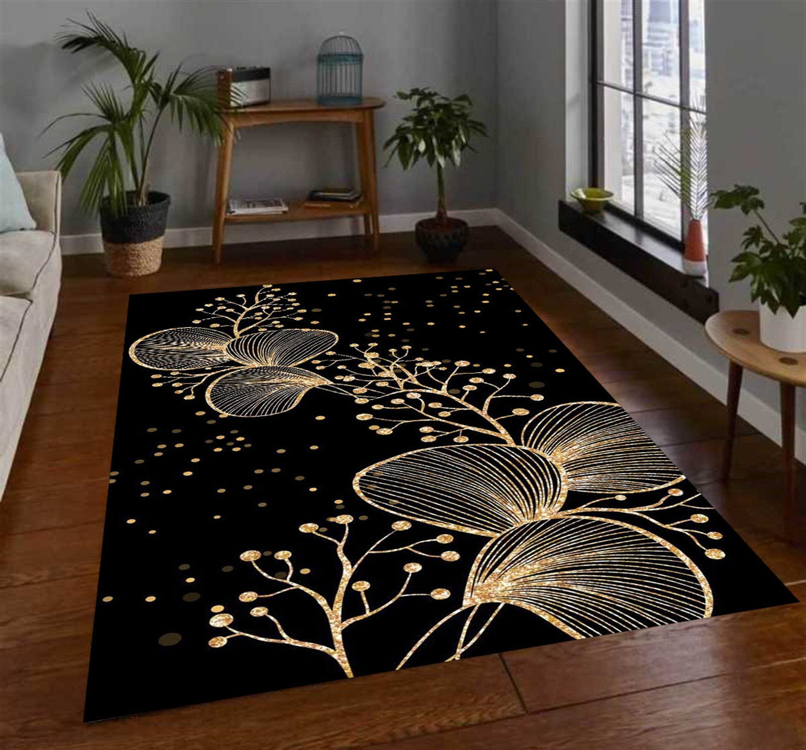 Black Rugs for Living Room , Black and Gold Floral Pattern Rug,machine ...