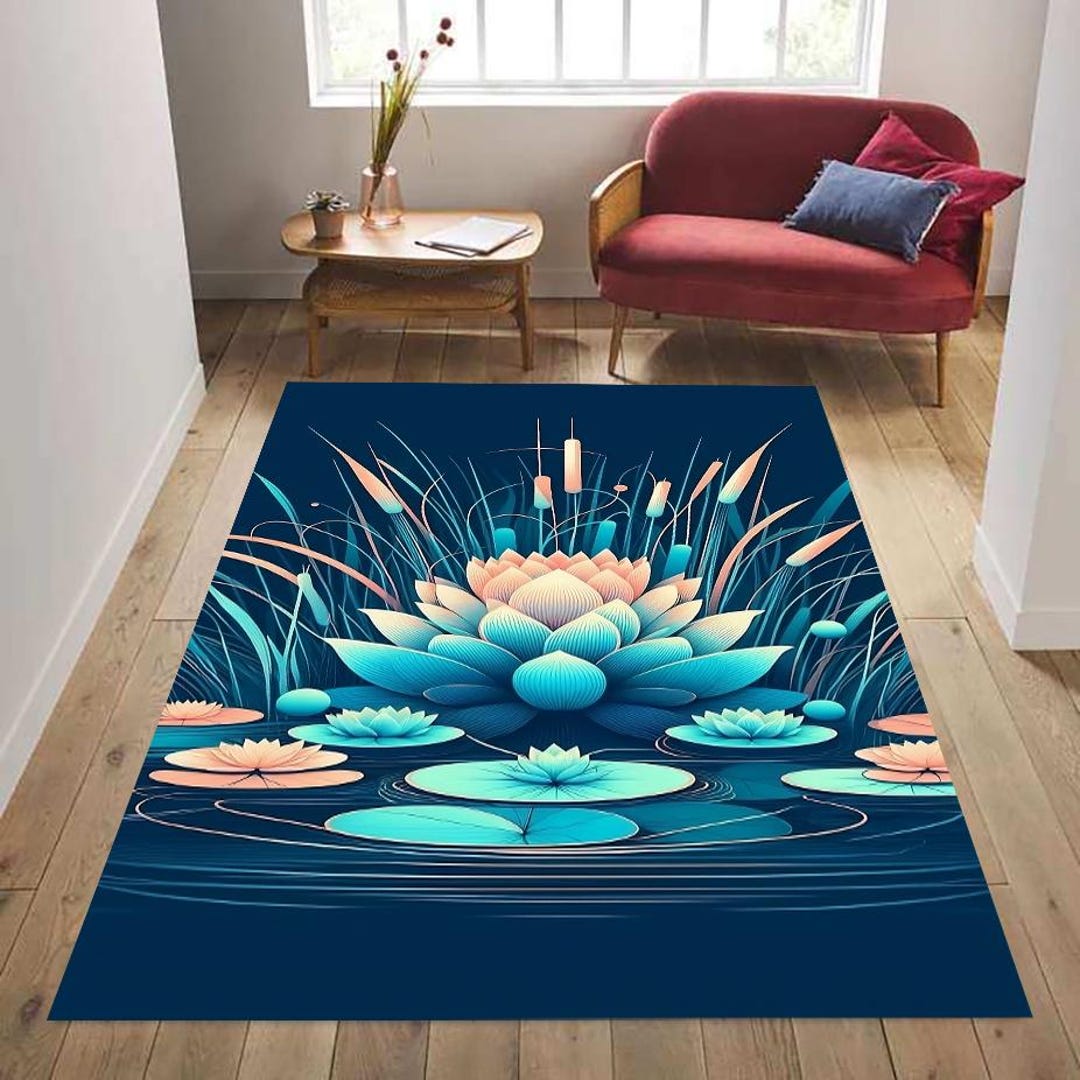 Floral Rug, Lotus Flower Design, Gift Rug, Natural Rug, Living Room Rug ...