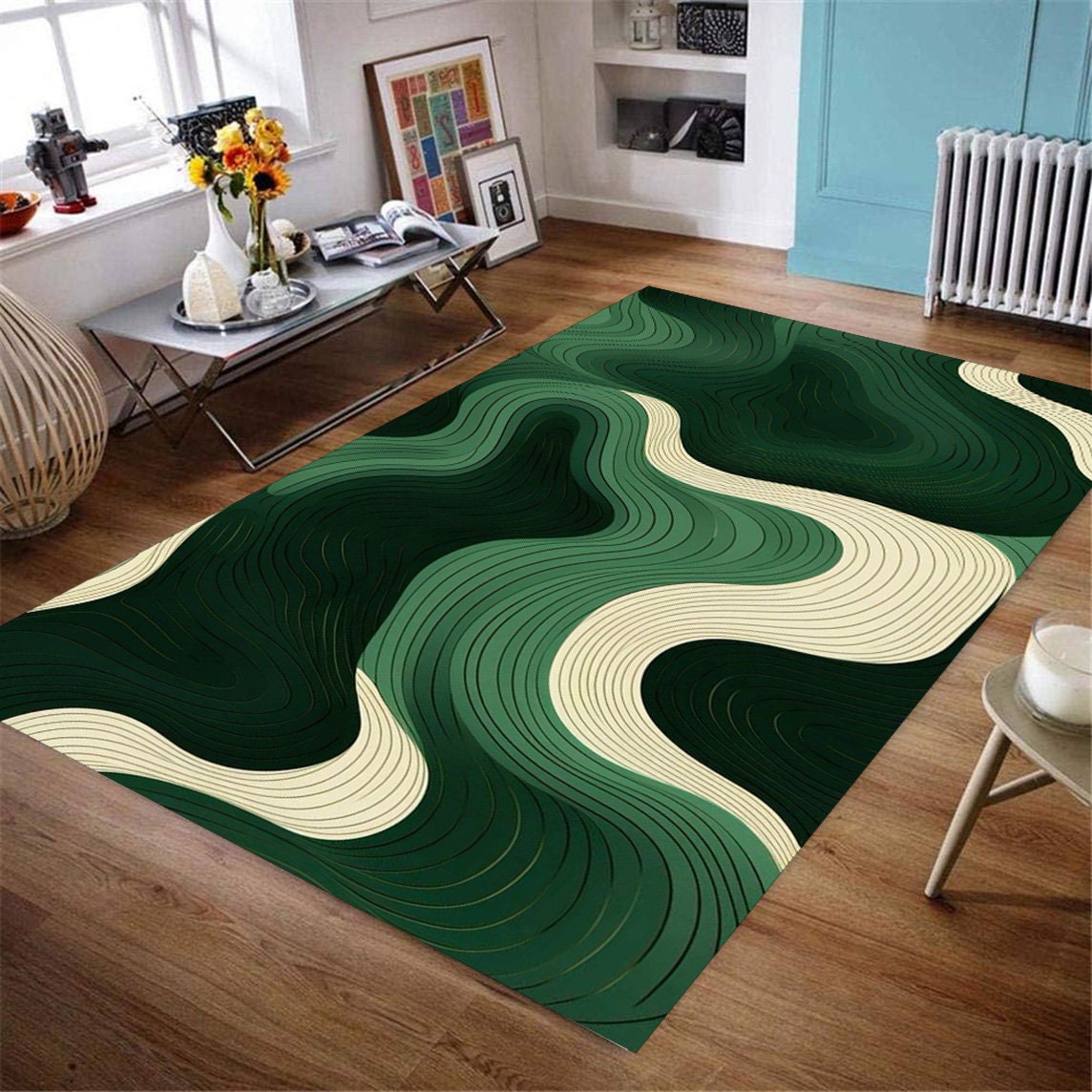 Geometric Rug, Green Rug, Area Rug, Living Room Rug, Water Waves on the ...