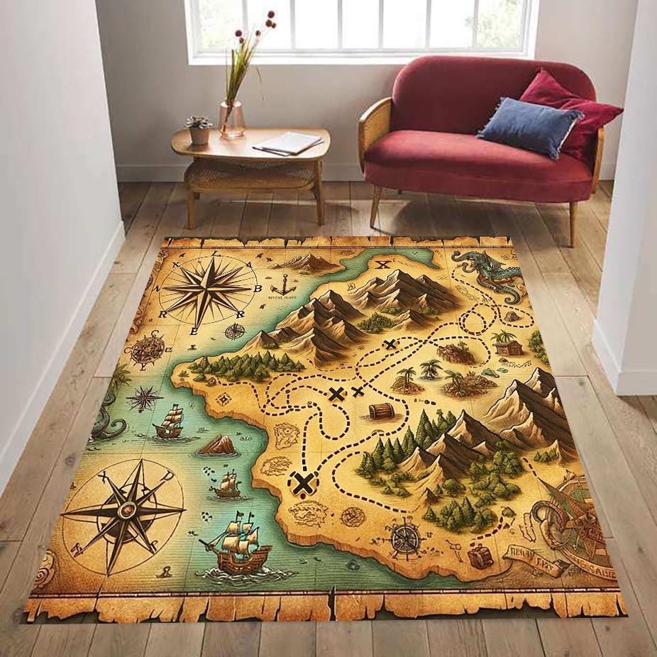 Map Rug, Vintage Map Rug, Map Decor, Maritime Map Rug, Antique Map ...