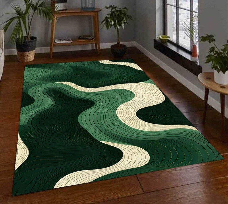 Geometric Rug, Green Rug, Area Rug, Living Room Rug, Water Waves on the ...