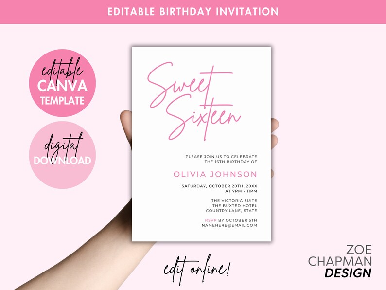 Sweet Sixteen Pink Text Birthday Invitation / Editable Printable - Etsy