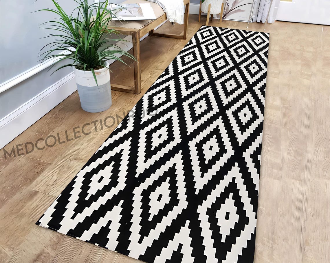 Black and White Patterned Runner Rug, Mixed Pattern Home Carpet, Living ...