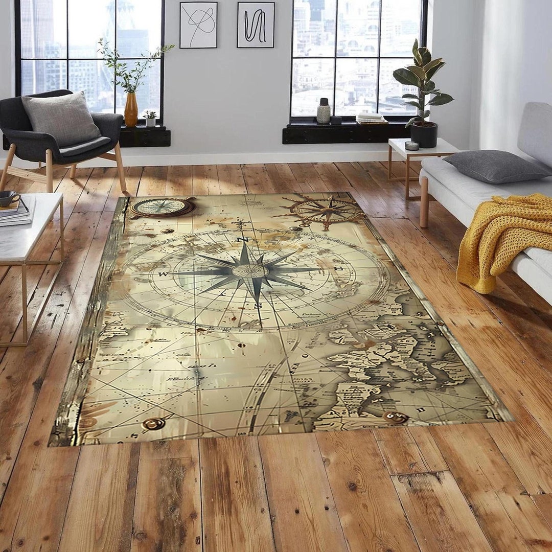 Map Printed Rug, Vintage Map Compass Rug, Cool Living Room Rug, Modern ...