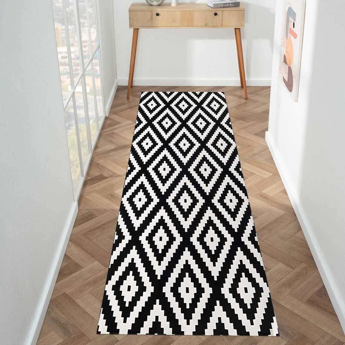 Black and White Patterned Runner Rug, Mixed Pattern Home Carpet, Living ...