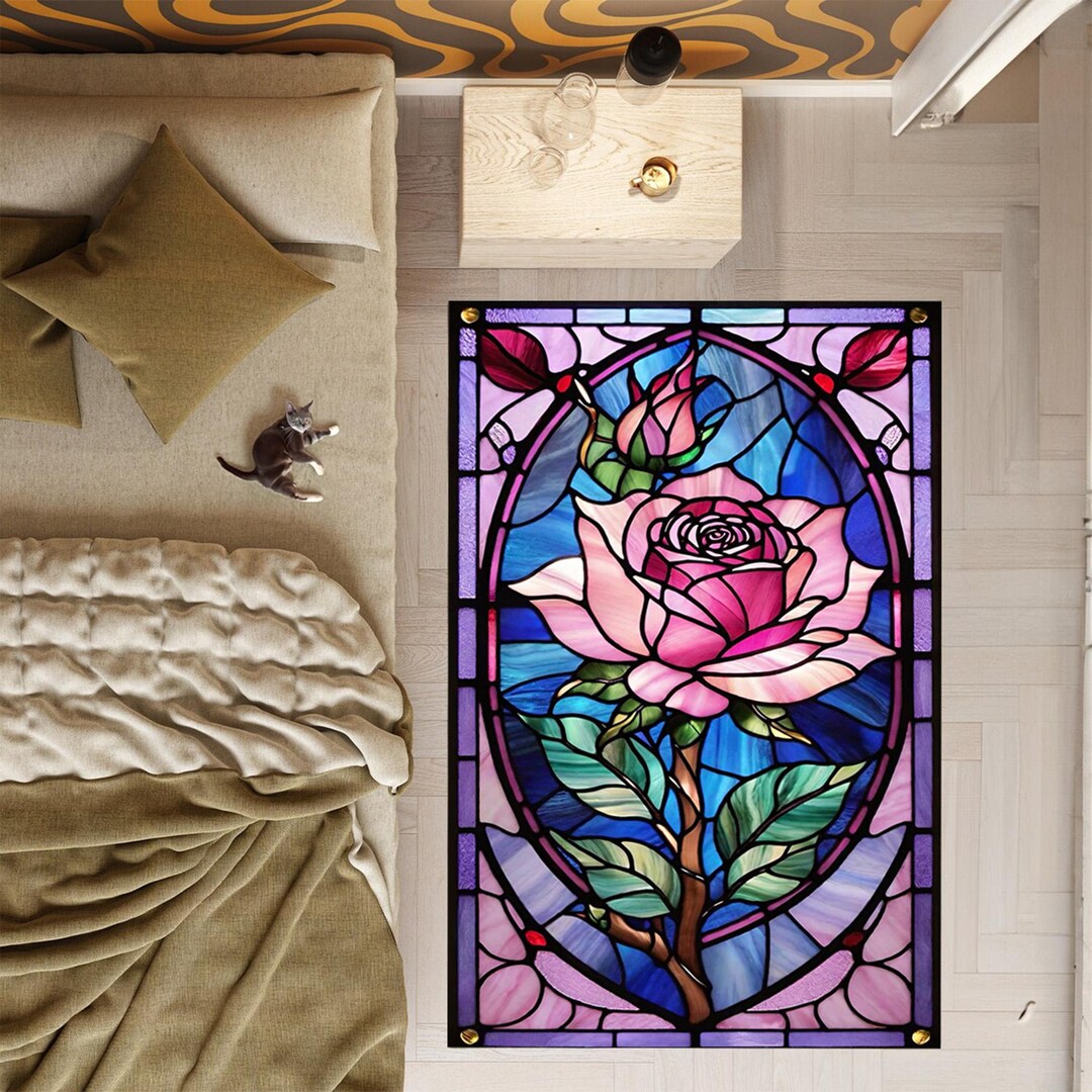 Rose Stained Glass Rug, Modern Cool Carpet, Colorful Bedroom Rug ...