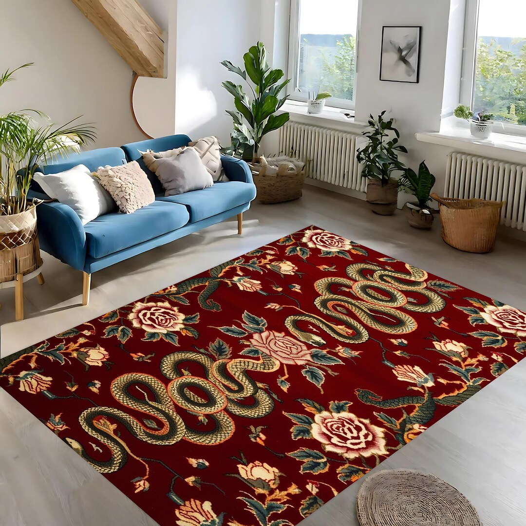 Floral Snake Rug, Snake and Rose Rug, Vintage Design Rug, Non Slip Rug ...