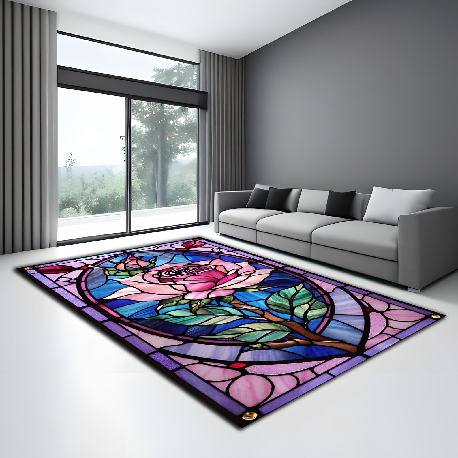 Rose Stained Glass Rug, Modern Cool Carpet, Colorful Bedroom Rug ...