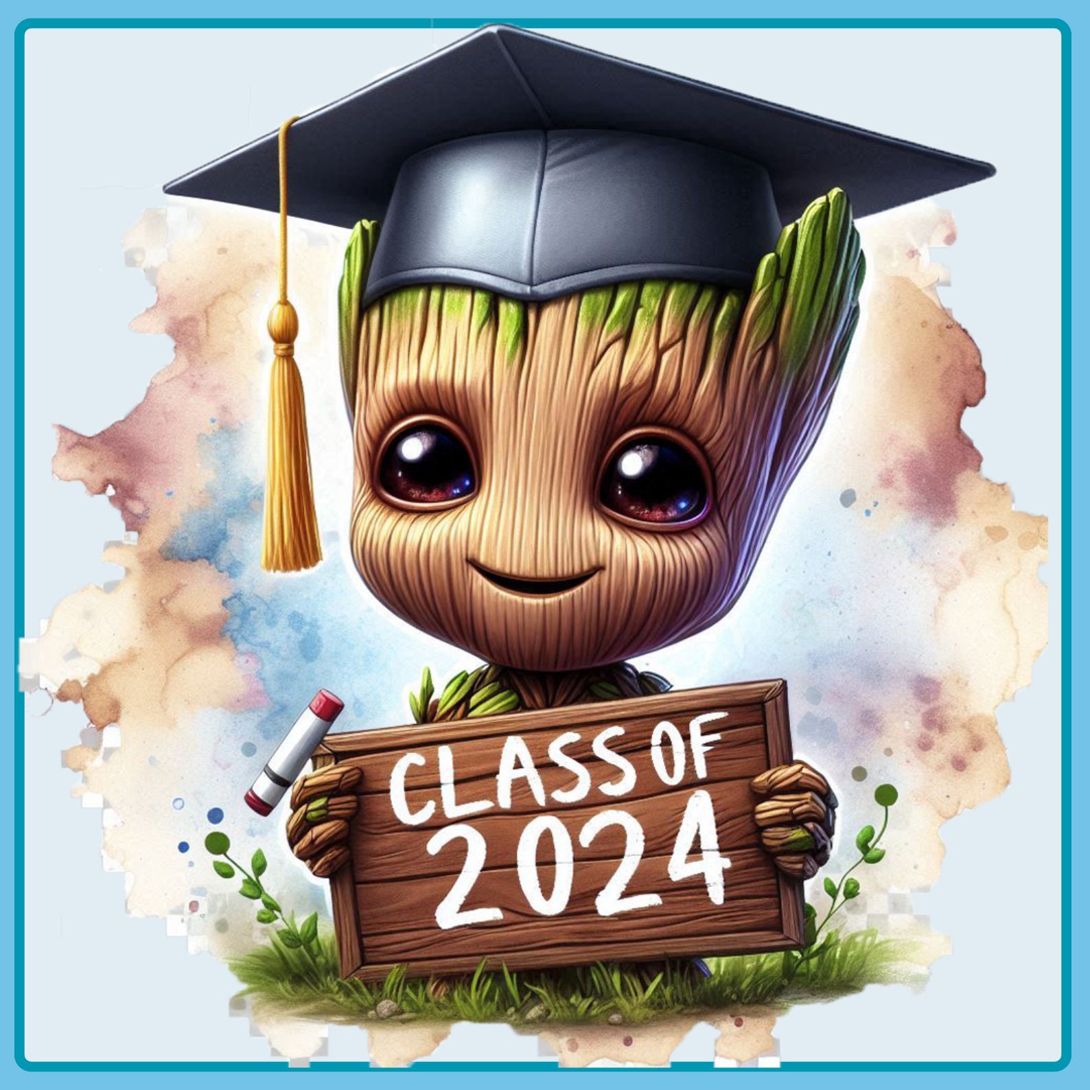 Baby Groot Graduation 2024 Clipart Image With Watercolor Splash ...