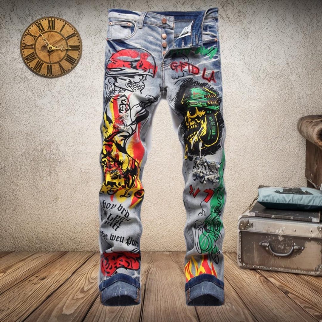 Fashion Punk Slim Fit Skull Ripped Mens' Jeans: Tapere Cut Stretch ...