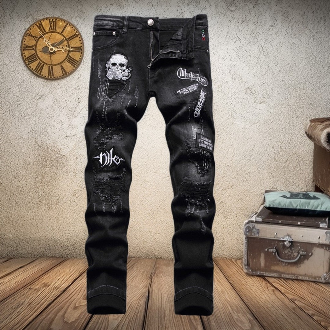 Men's Slim Tapered Fit Denim Jeans With Gothic Skull Embroidery, Ripped ...