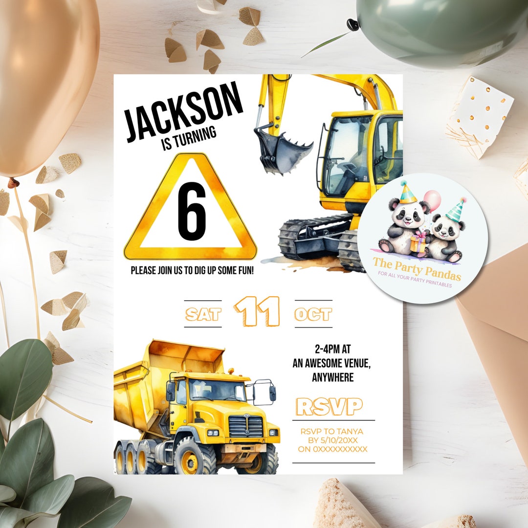 Construction Digger Birthday Invitation, 7"x5", INSTANT DOWNLOAD ...