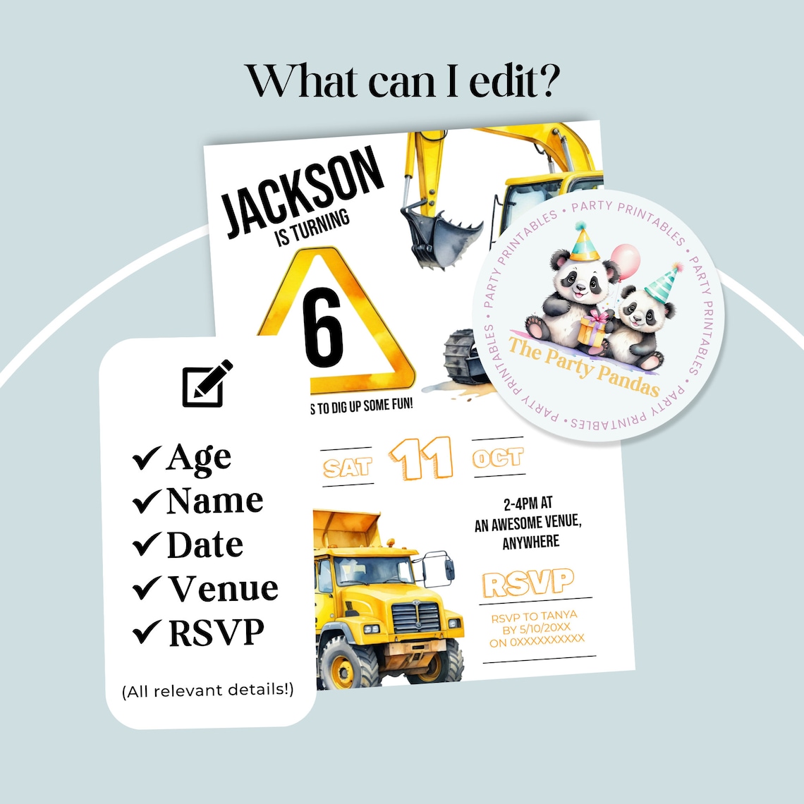 Construction Digger Birthday Invitation, 7"x5", INSTANT DOWNLOAD ...