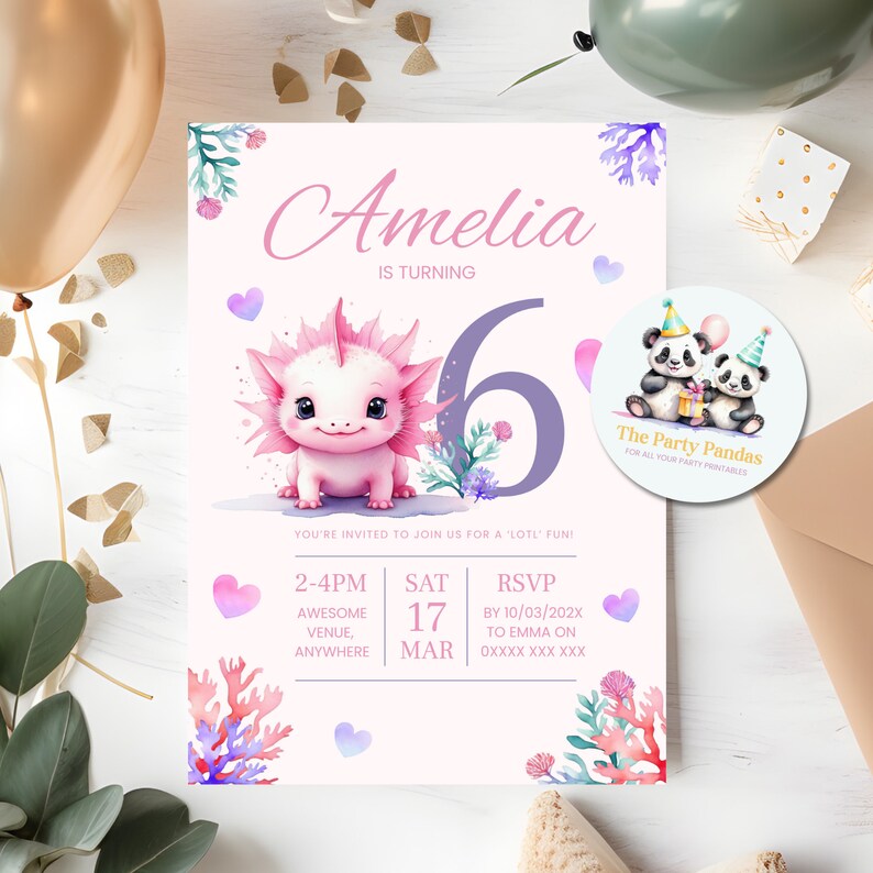Axolotl Birthday Invitation, 7"x5", INSTANT DOWNLOAD, Editable, 6th ...