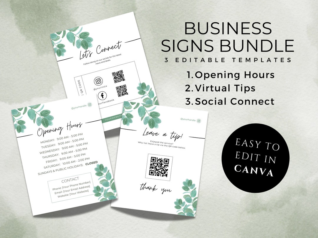 Business Signs Bundle - DIY Printable Opening Hours Sign, Editable ...