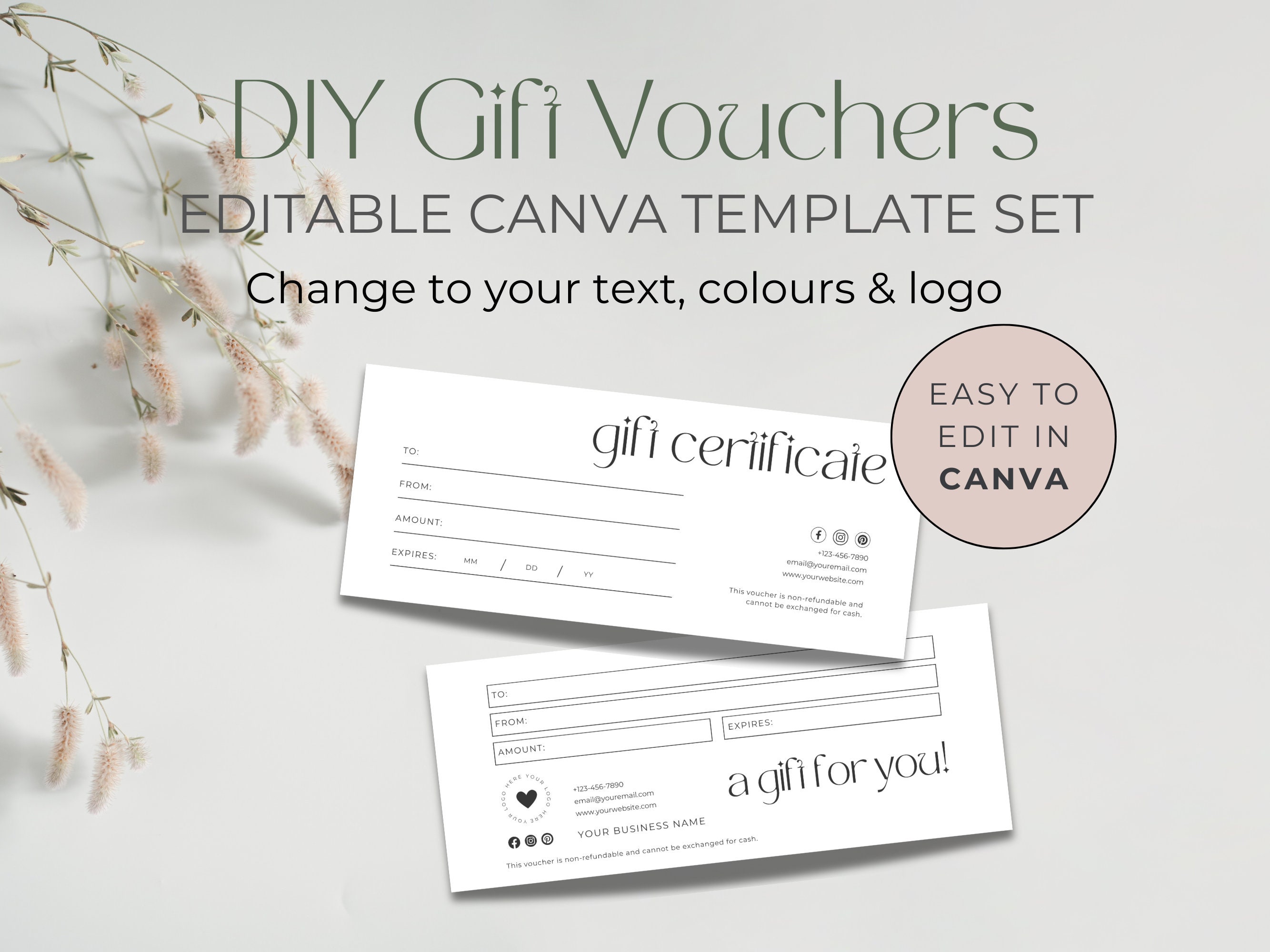 Elegant Gift Voucher Canva Templates - Charcoal, Green and Pink - DIY ...