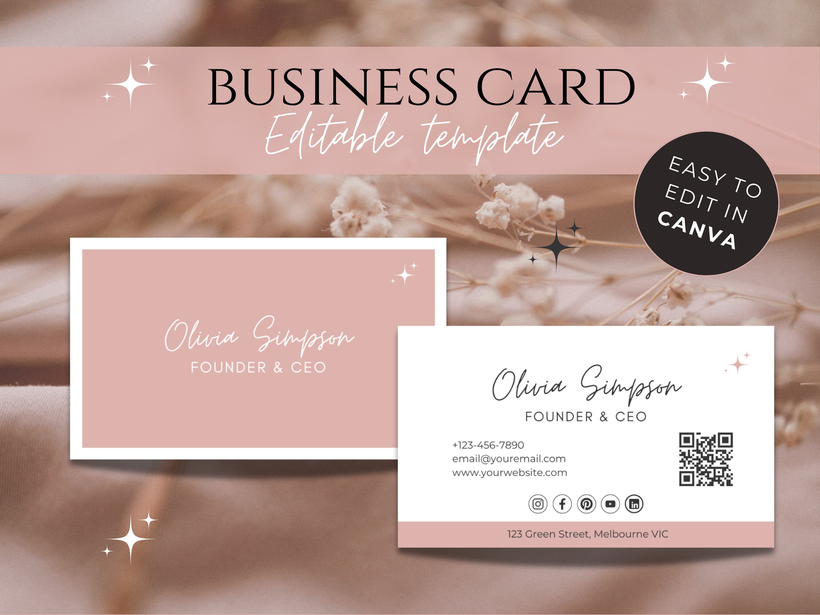 Editable Business Card Template - DIY Printable Business Card, Editable ...