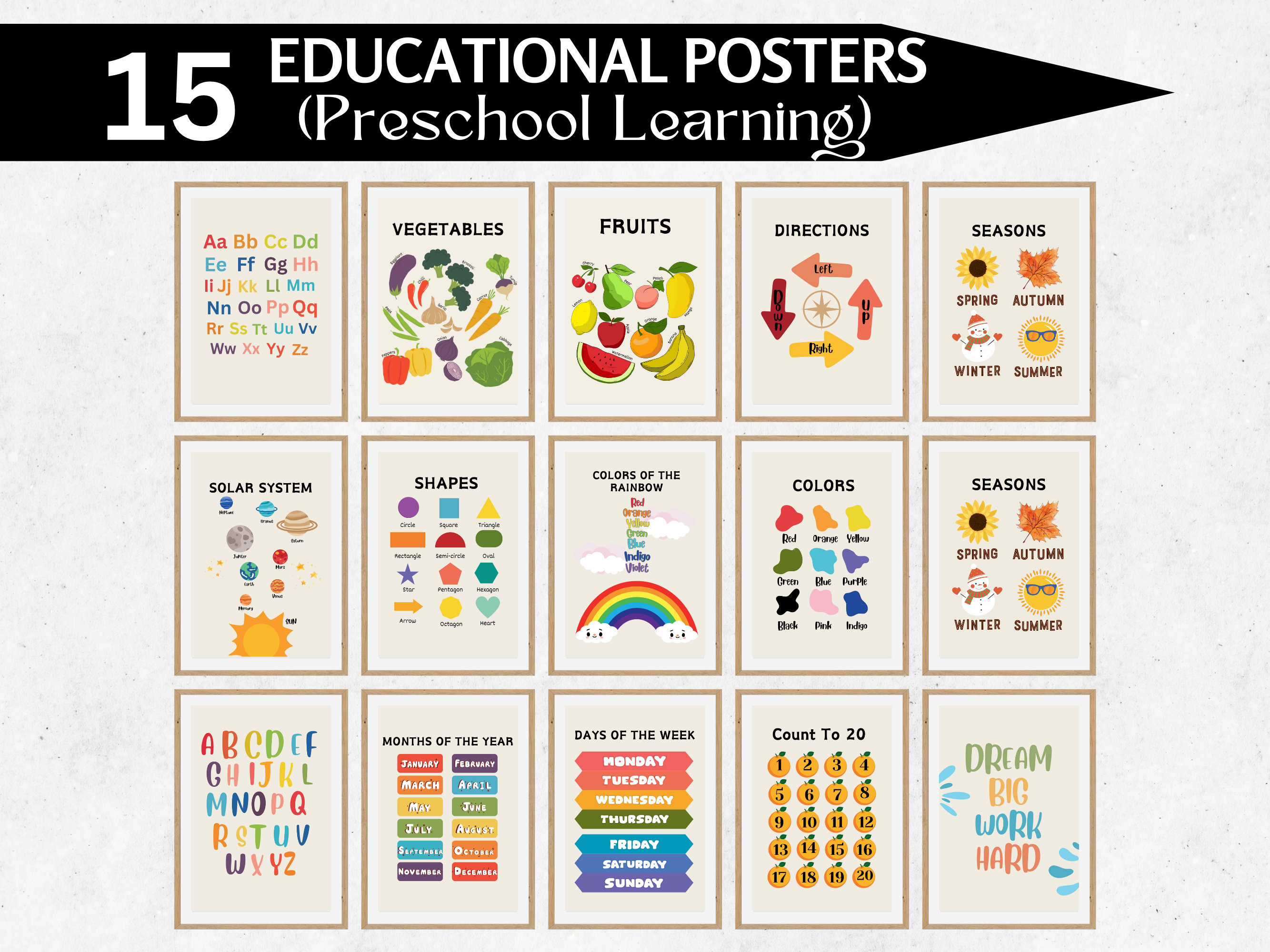 Set of Educational Posters, Preschool Learning Prints, Set of 15 ...