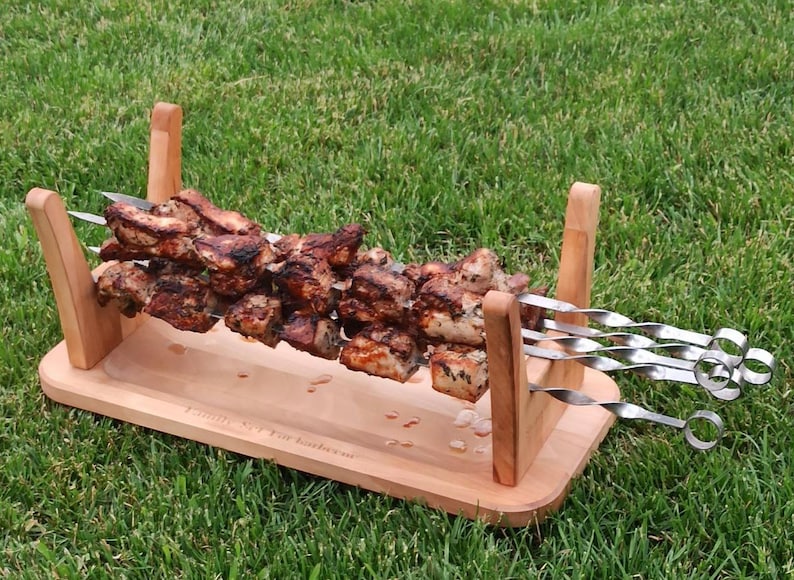 Wooden BBQ Skewer Stand • Shish Kebab Holder • Handmade Serving Board ...