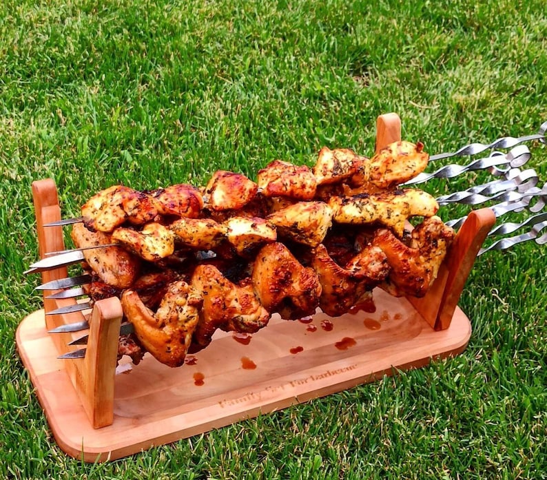 Wooden BBQ Skewer Stand • Shish Kebab Holder • Handmade Serving Board ...