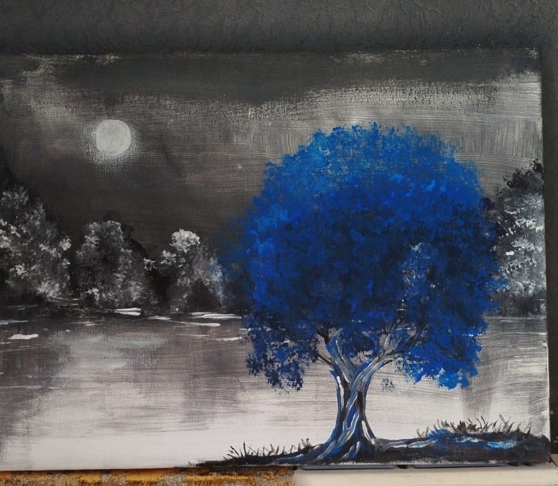 Original Blue Tree Painting, Canvas Artwork, Blue Wall Art ...