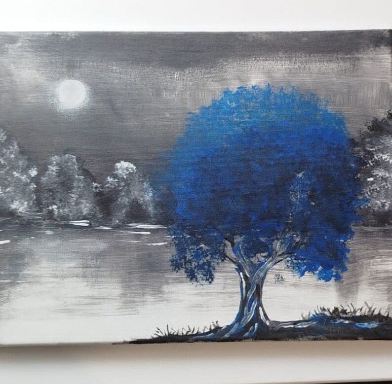 Original Blue Tree Painting, Canvas Artwork, Blue Wall Art ...