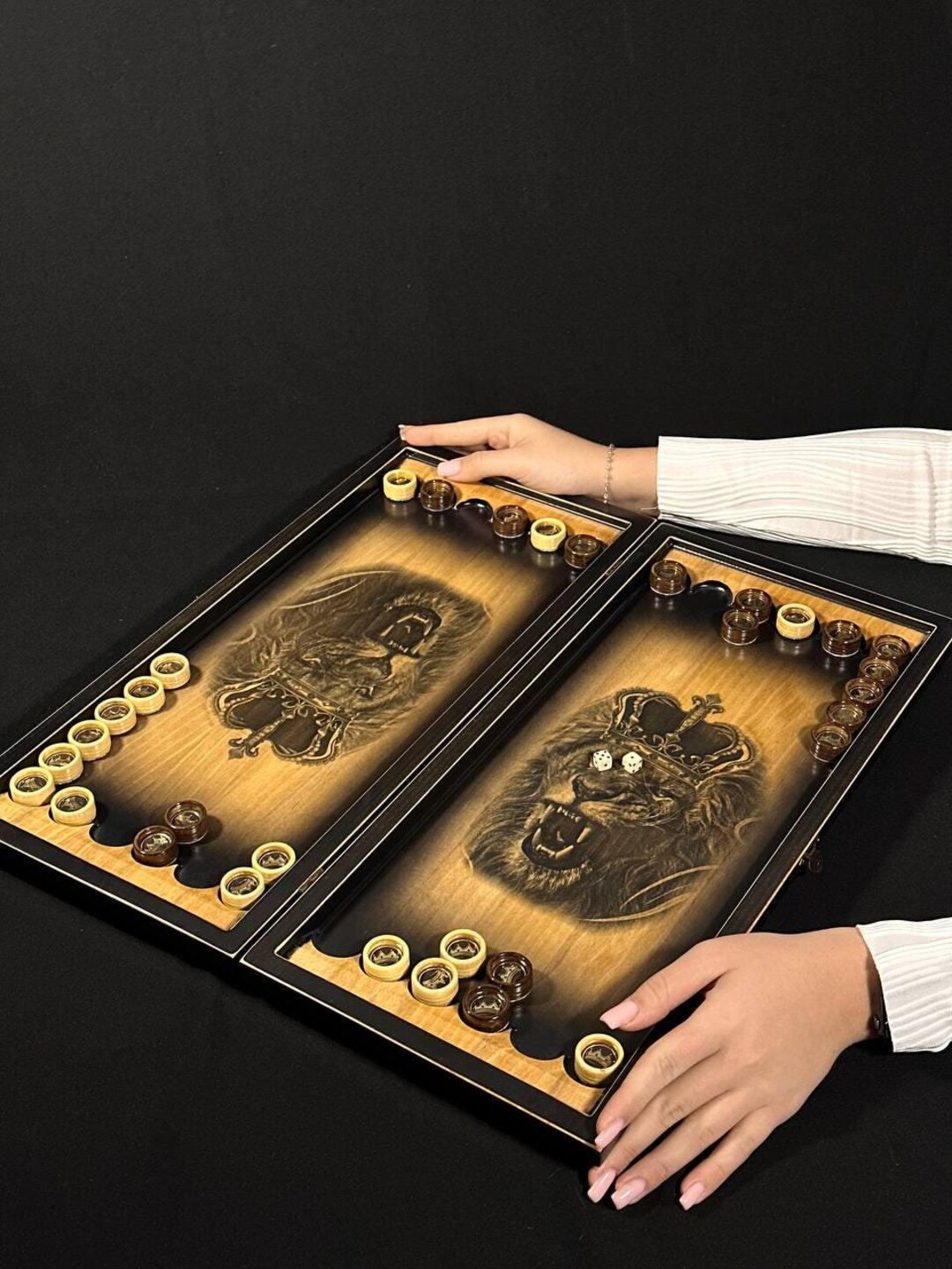 Backgammon Set, Natural Wood Game Board, Stylized With LION Design ...