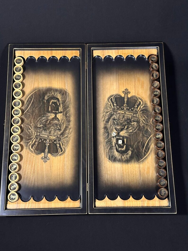Backgammon Set, Natural Wood Game Board, Stylized With LION Design, Retirement Gift Idea ...