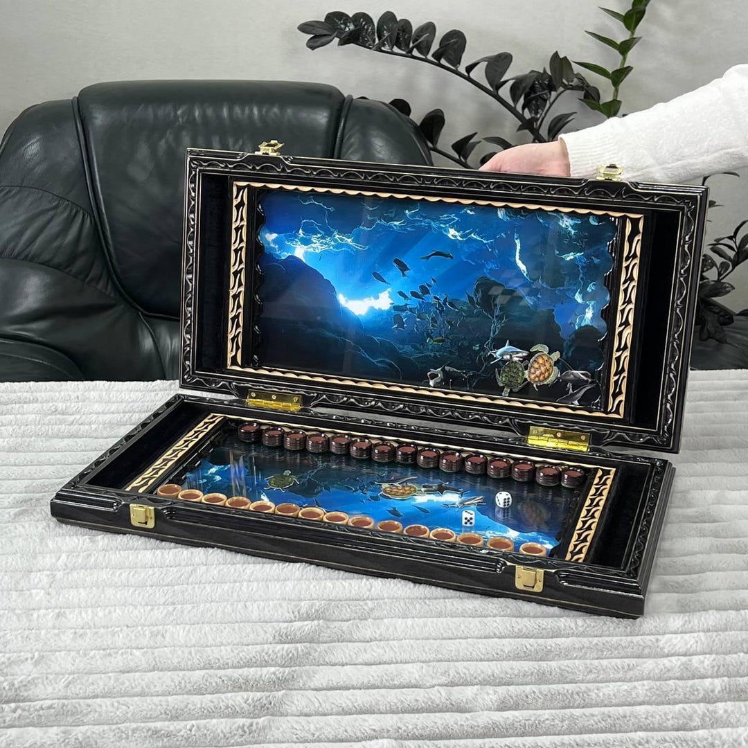 Backgammon Set With Movable Magnetic Fish Under Glass, Backgammon Board ...