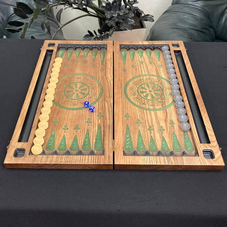 Wood&green Epoxy Resin Backgammon Set, Stylized With Classic Design ...
