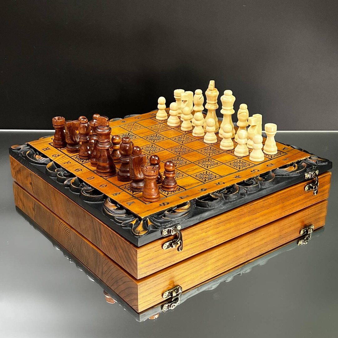 Wooden Chess Set, Chess Board Lion Design, Chess Pieces, Checkers Game ...