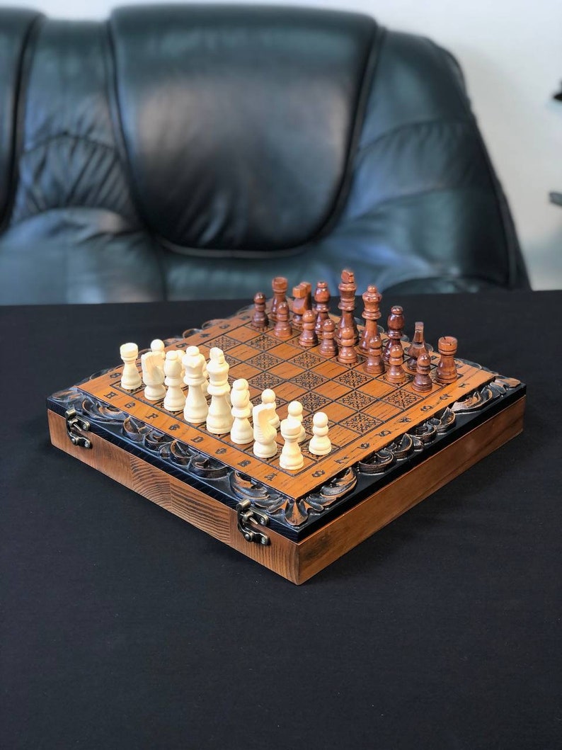 Wooden Handmade Chess Set Stylized With Lion,with a Convenient Storage ...