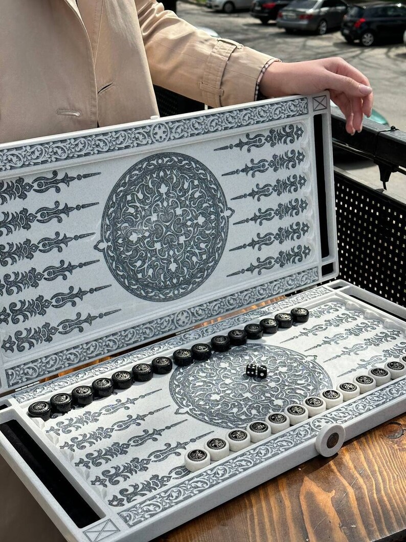 Exclusive Gift Idea White Acrylic Stone Backgammon, Handmade Luxury Backgammon, Anniversary Gift ...