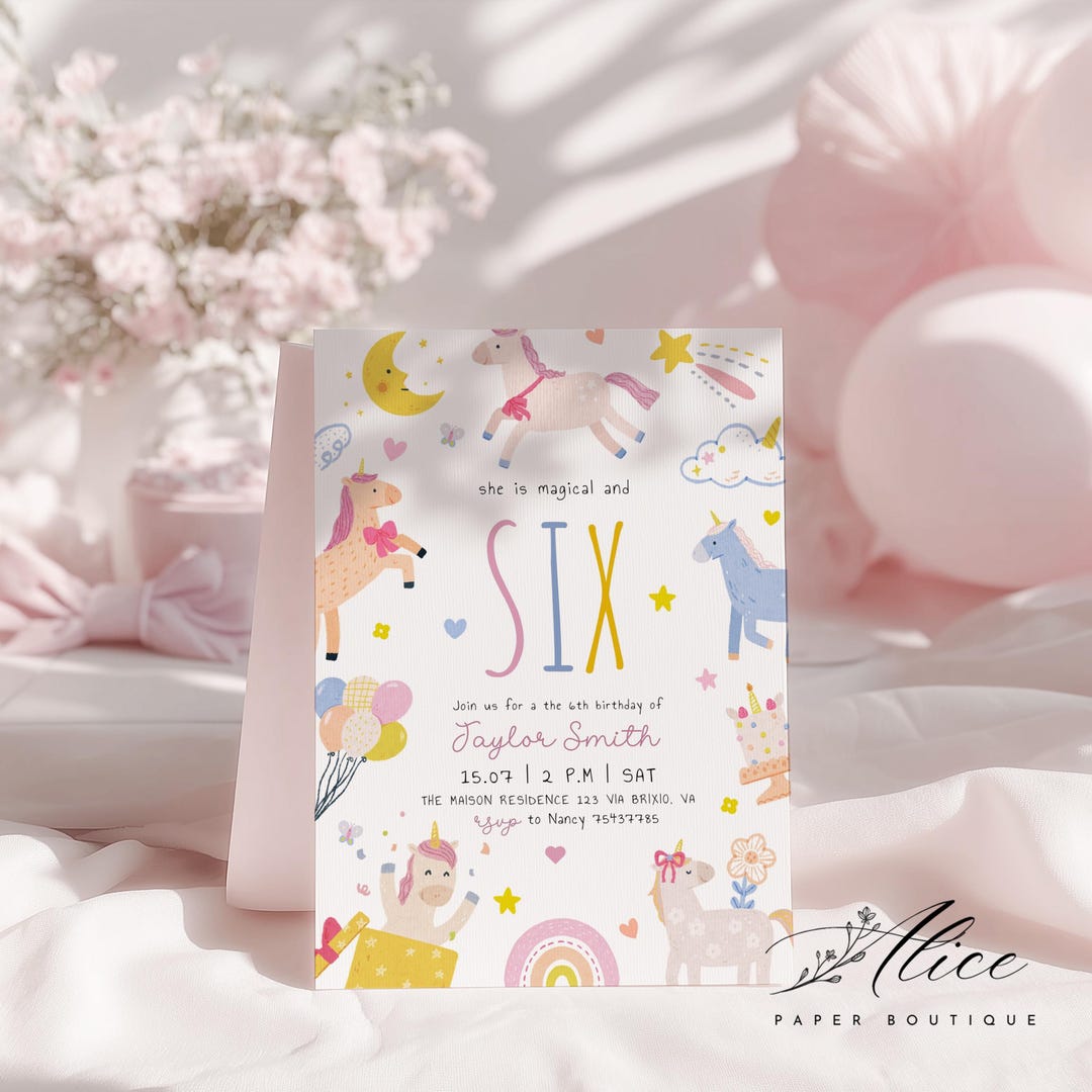 Unicorn 6th Birthday Invitation, Rainbow Sparkly Canva Template ...