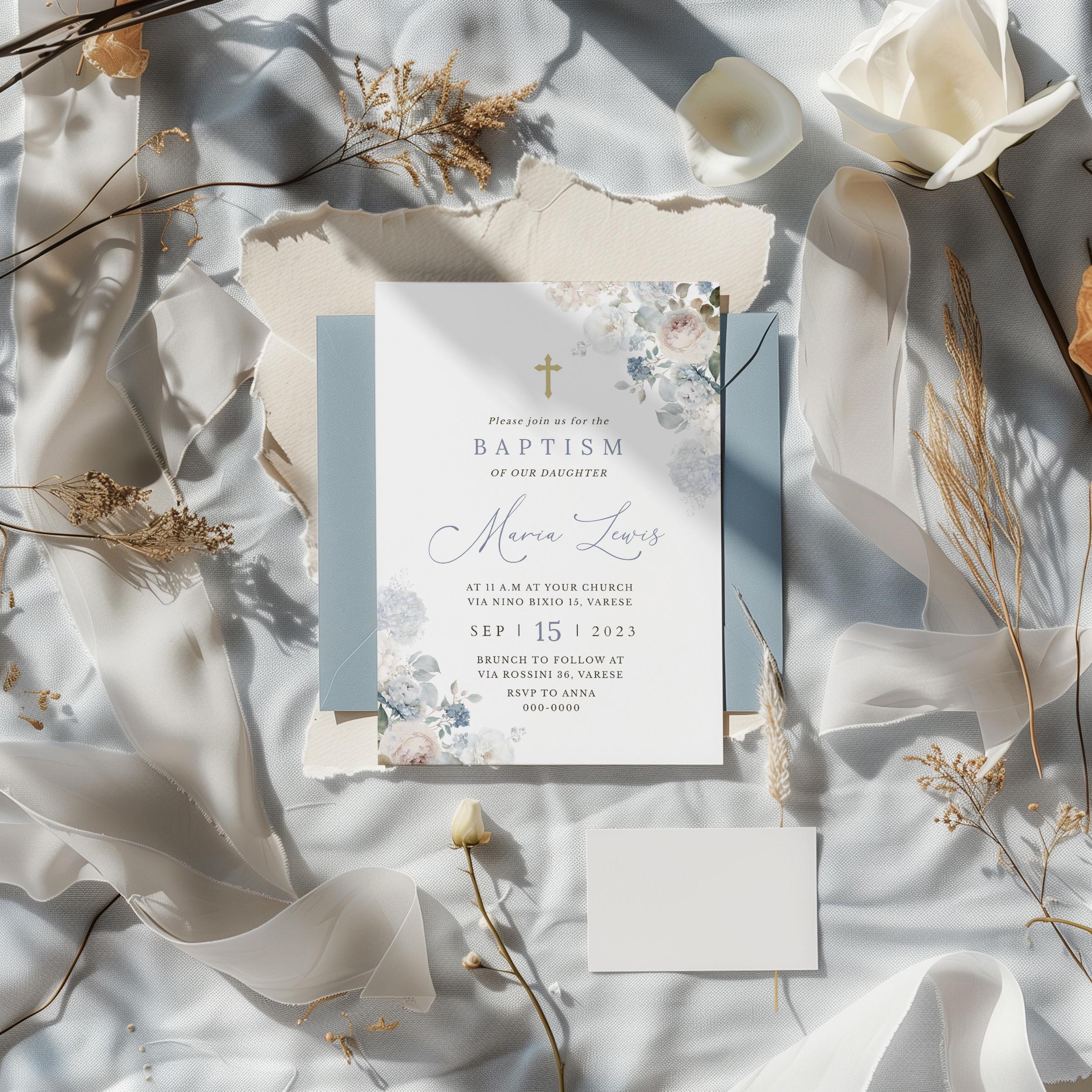 Blue Baptism Invitation Template, Dusty Blue Floral Watercolor First ...