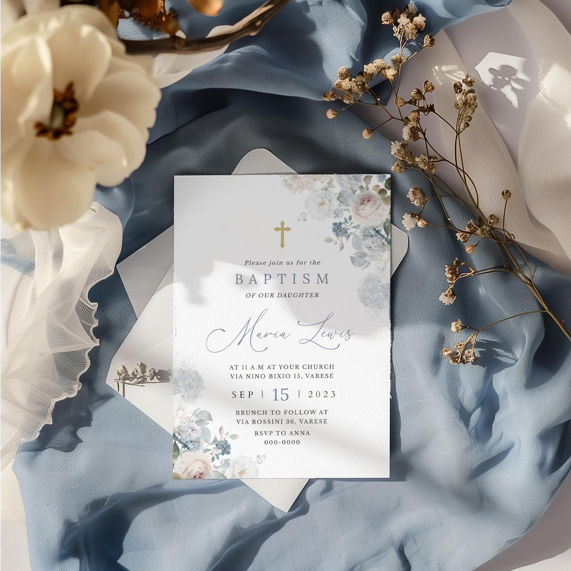 Blue Floral Baptism Invitation Template, First Communion (digital) - Etsy