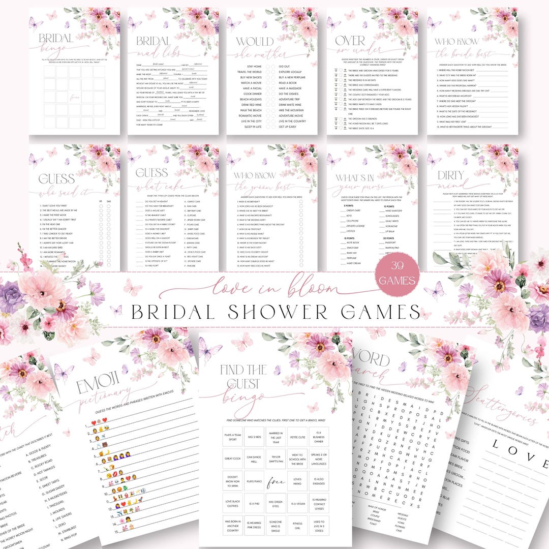 39 Love in Bloom Bridal Shower Games Bundle, Pink Butterfly Floral ...