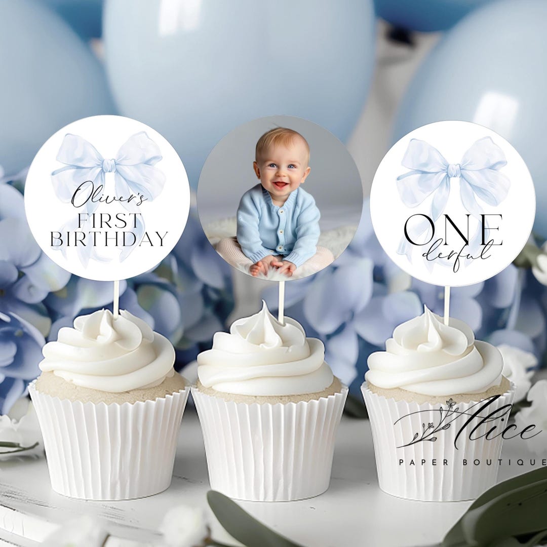 Blue Bow Cupcake Toppers, Blue Coquette 1st Birthday Cupcake Toppers ...