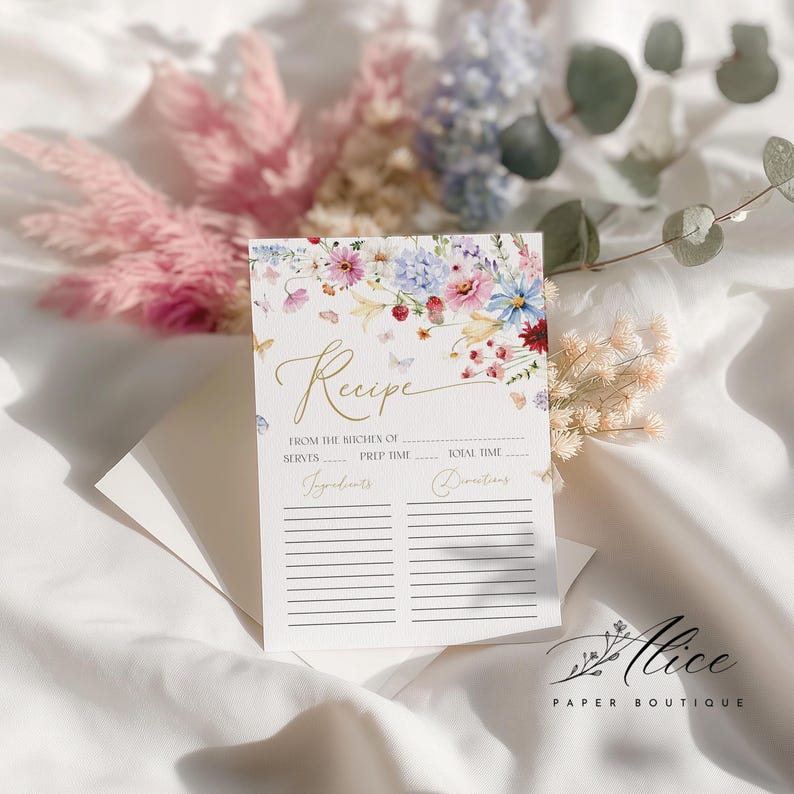 Love in Bloom Recipe Card, Floral Bridal Shower Kitchen Template ...