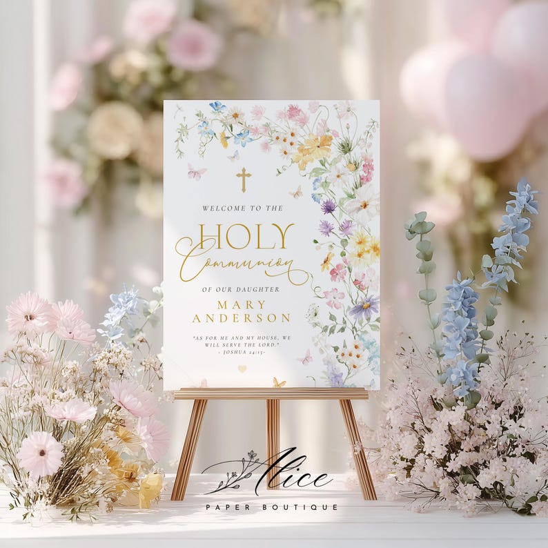Floral Butterfly First Holy Communion Welcome Sign, Elegant Religious ...