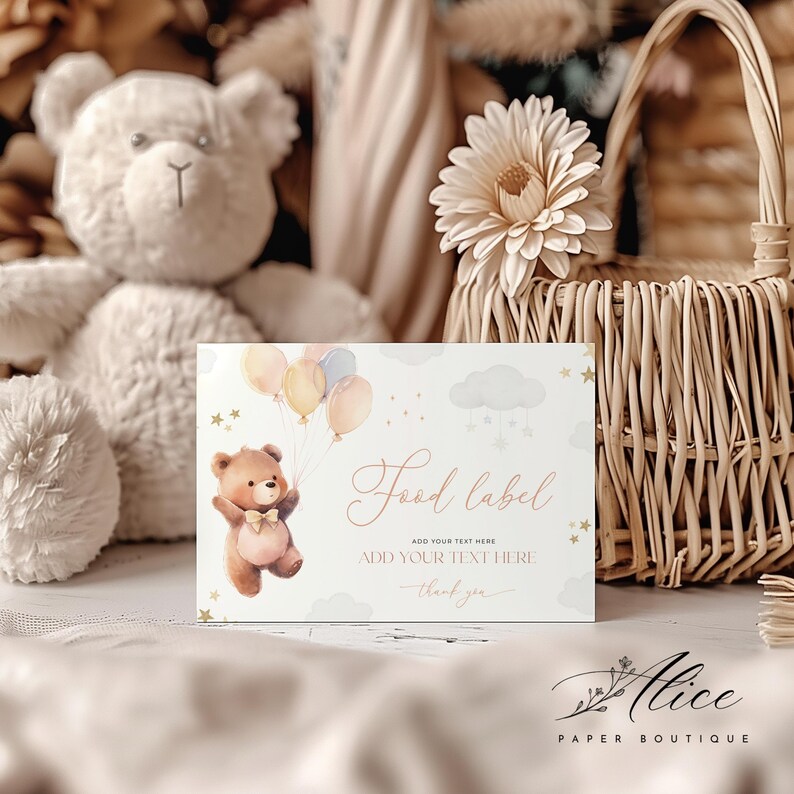 Teddy Bear Food Labels, Baby Shower Tent Card, Editable Bear Balloon ...
