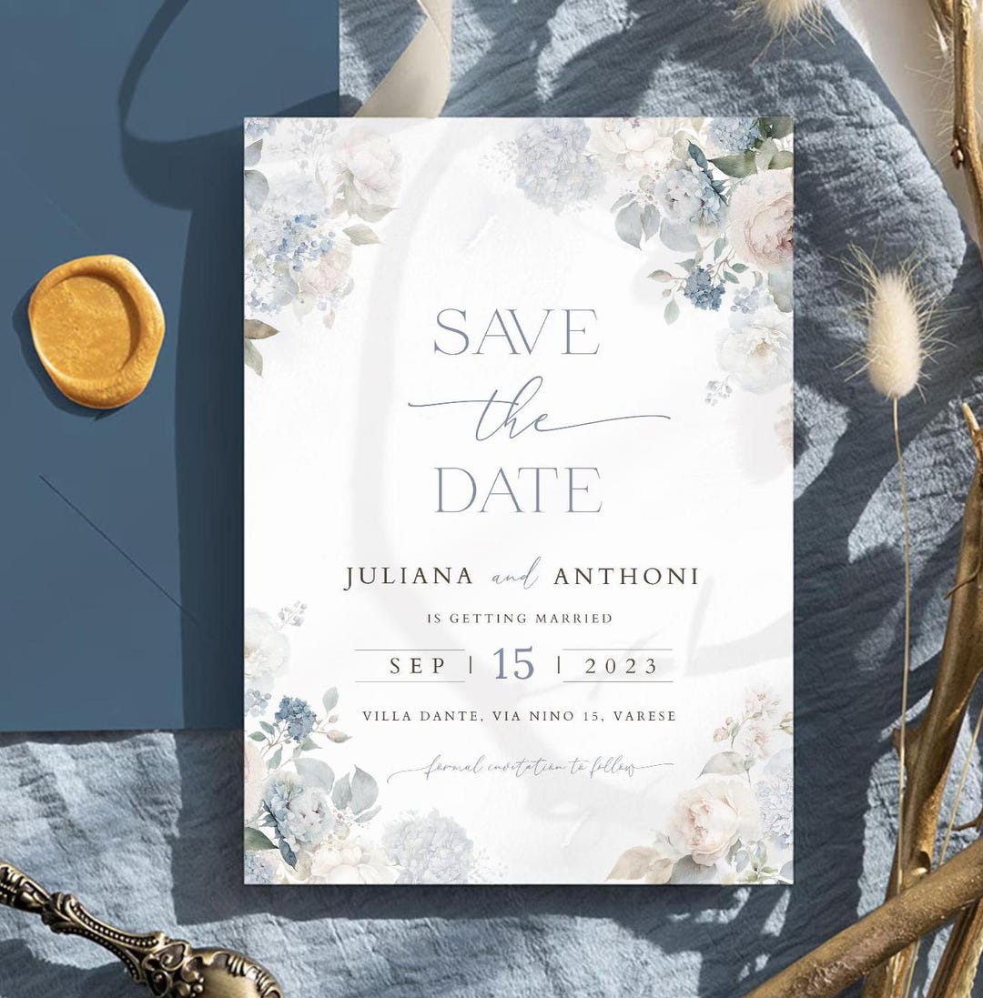 Classic Dusty BLUE Flower Wedding Save the Date Template, Minimalist ...